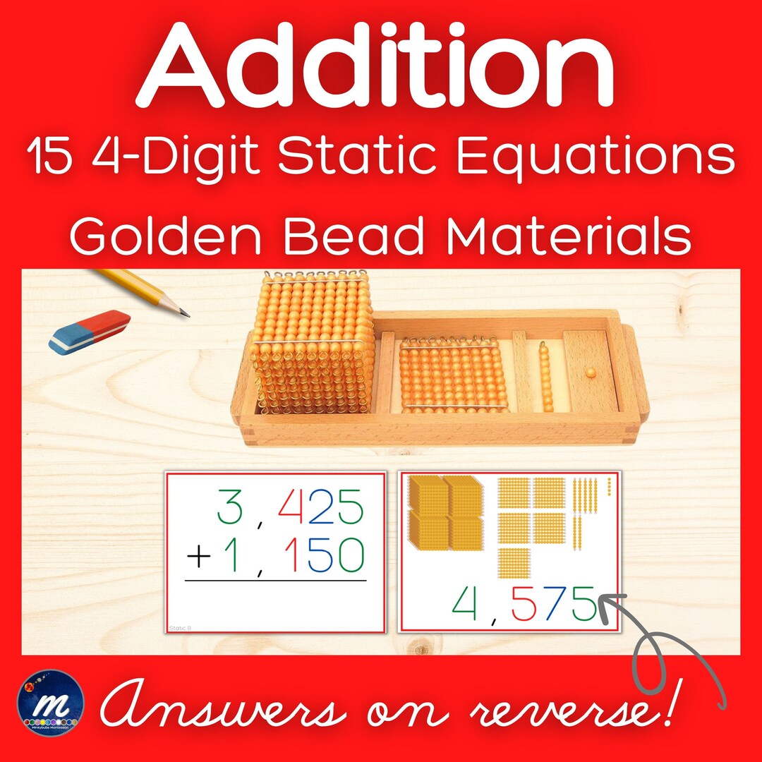 Montessori Math 4-digit Static Addition With Golden Beads Cards Answers ...
