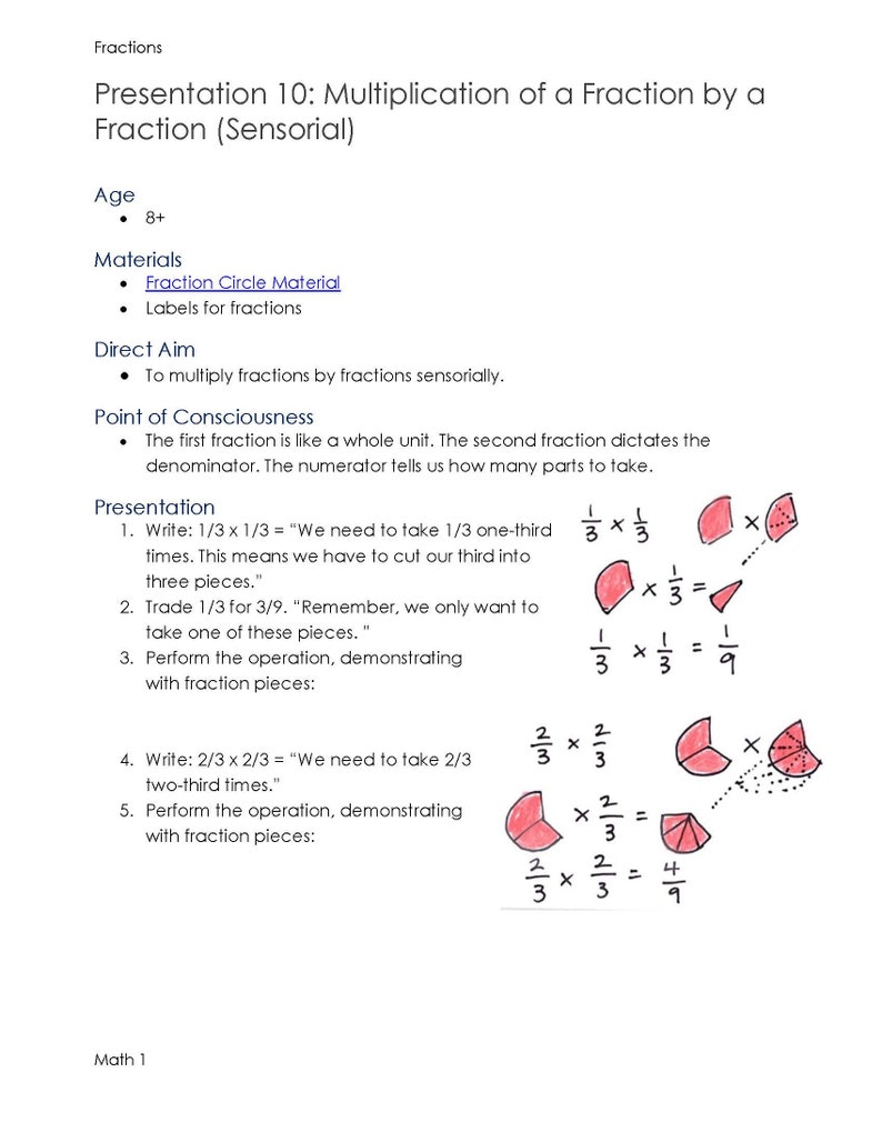 Montessori Fractions Addition Subtraction Multiply Math 1 Manual Part 2 ...