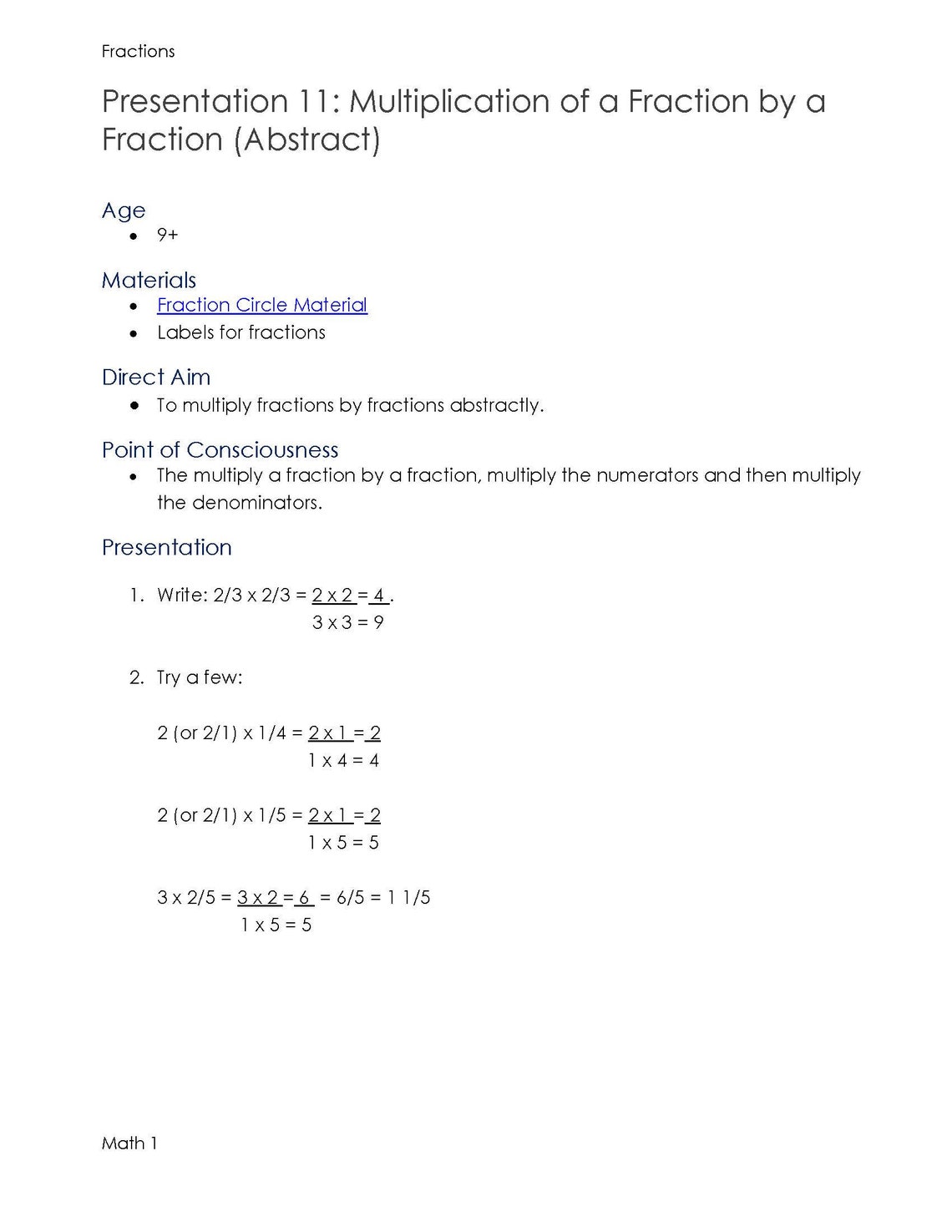 Montessori Fractions Addition Subtraction Multiply Math 1 Manual Part 2 ...