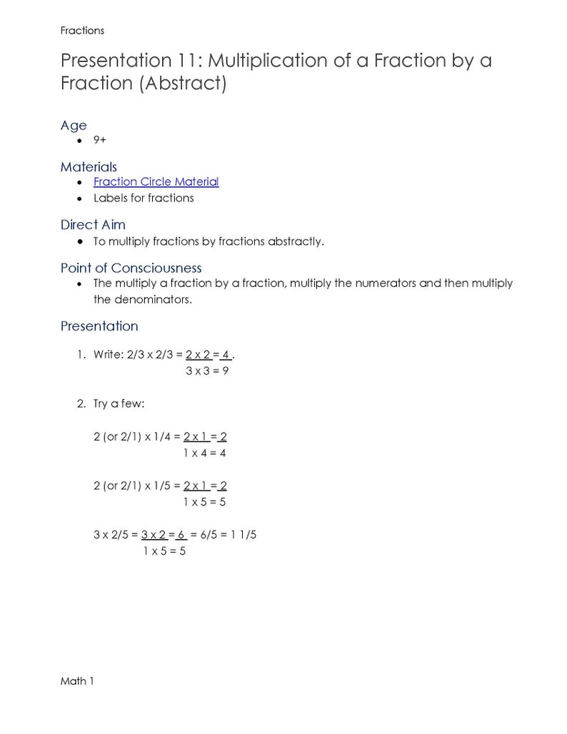 Montessori Fractions Addition Subtraction Multiply Math 1 Manual Part 2 ...
