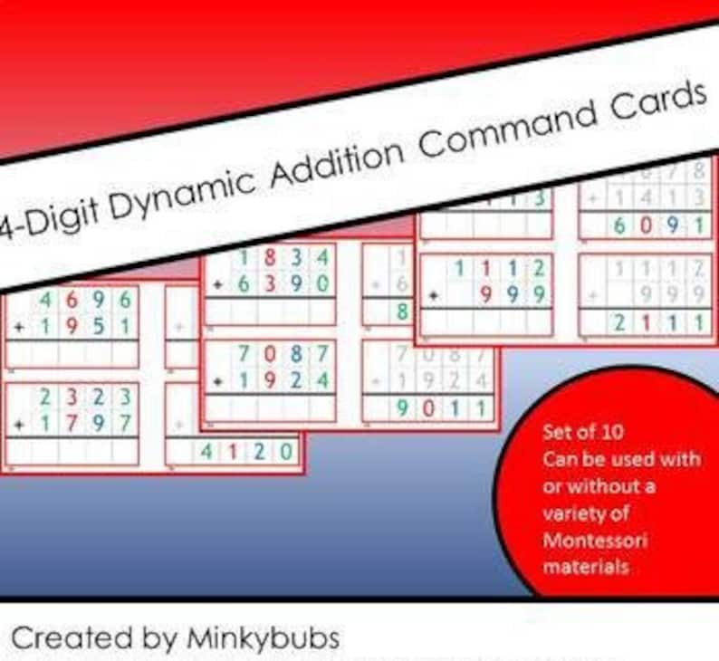 Montessori Addition Math Dynamic 4 Digit 10 Command Cards With Control ...