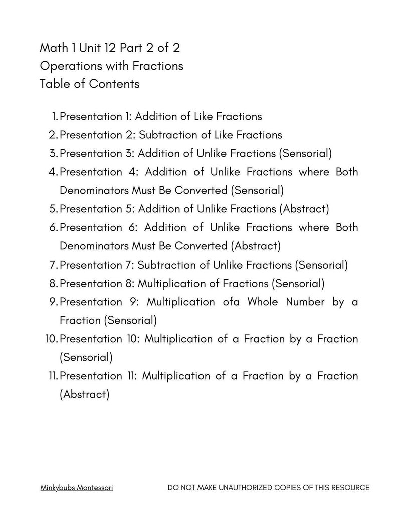 Montessori Fractions Addition Subtraction Multiply Math 1 Manual Part 2 ...