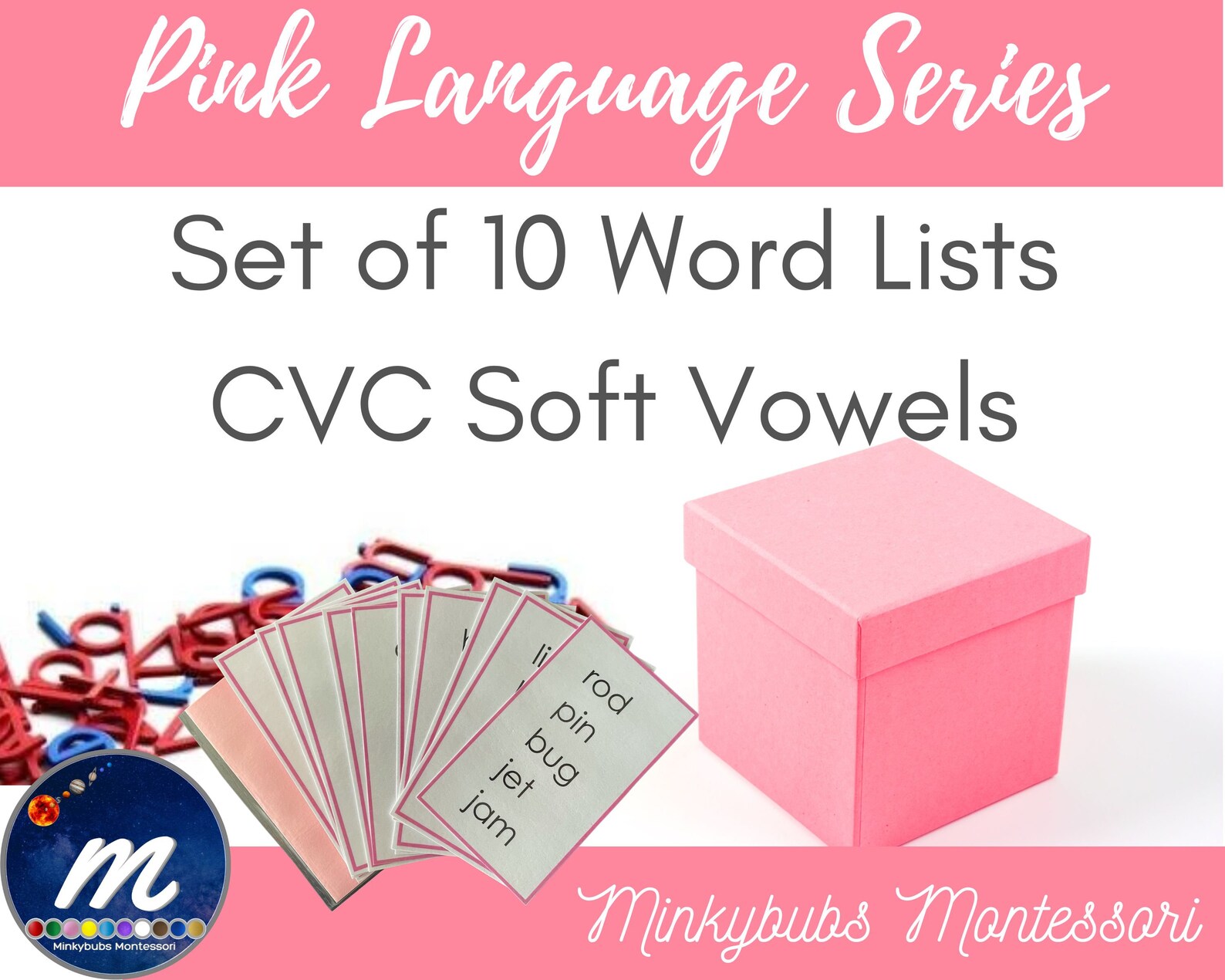 Phonetic Words Set of 50 soft Vowels 10 Word Lists Montessori Pink ...