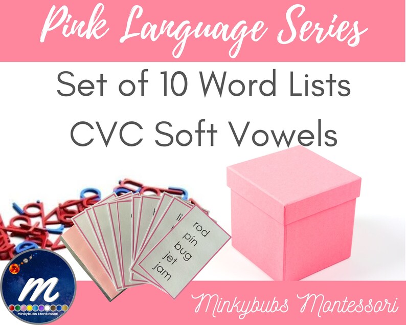 Phonetic Words Set of 50 (soft Vowels) 10 Word Lists Montessori Pink ...