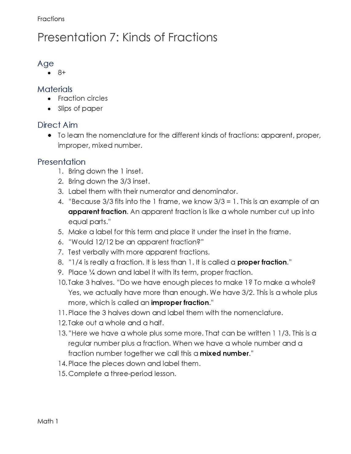 Montessori Fractions Introduction Math 1 Manual Lessons Part 1 of 2 - Etsy