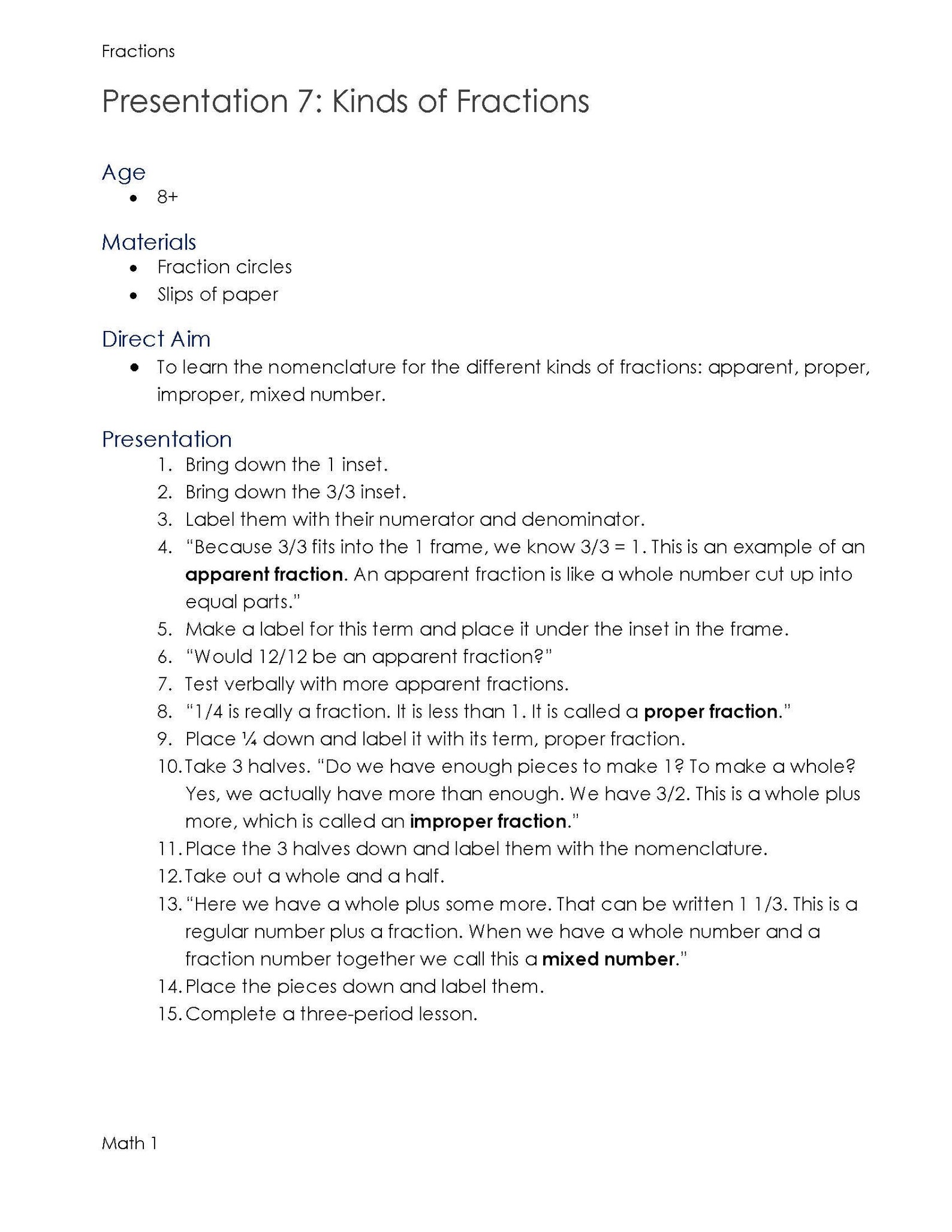 Montessori Fractions Introduction Math 1 Manual Lessons Part 1 of 2 - Etsy