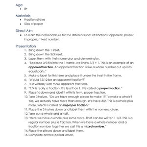 Montessori Fractions Introduction Math 1 Manual Lessons Part 1 of 2 - Etsy