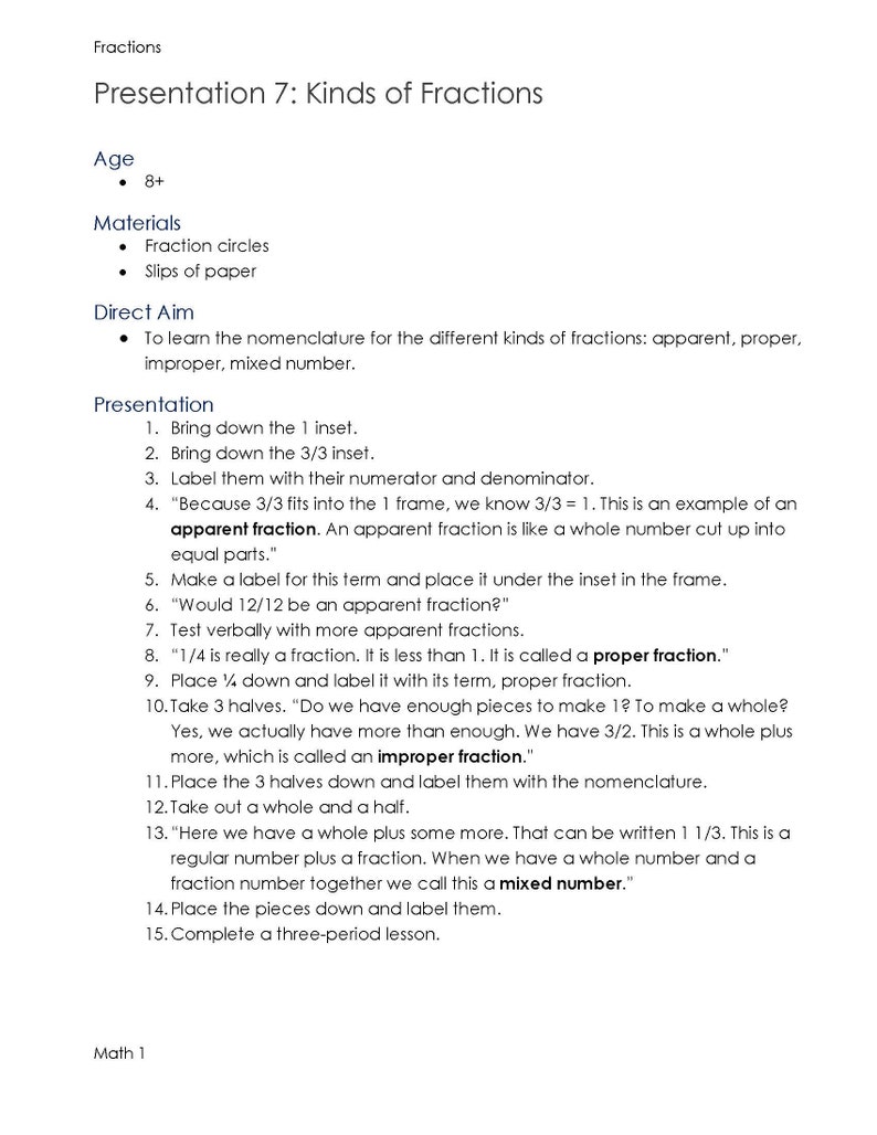 Montessori Fractions Introduction Math 1 Manual Lessons Part 1 of 2 - Etsy