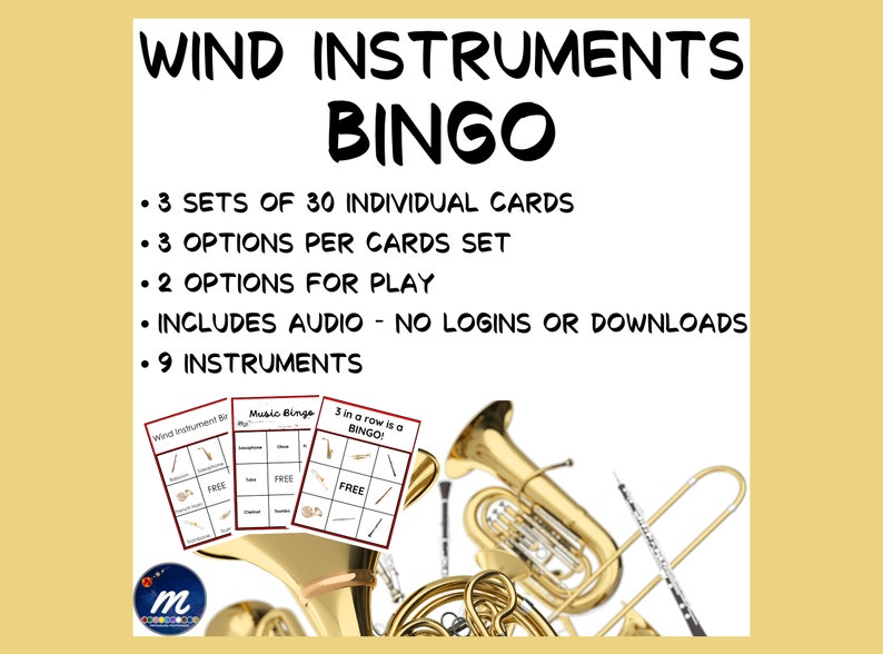 Music Instrument Bingo Wind Instruments of Orchestra With Audio Photos ...