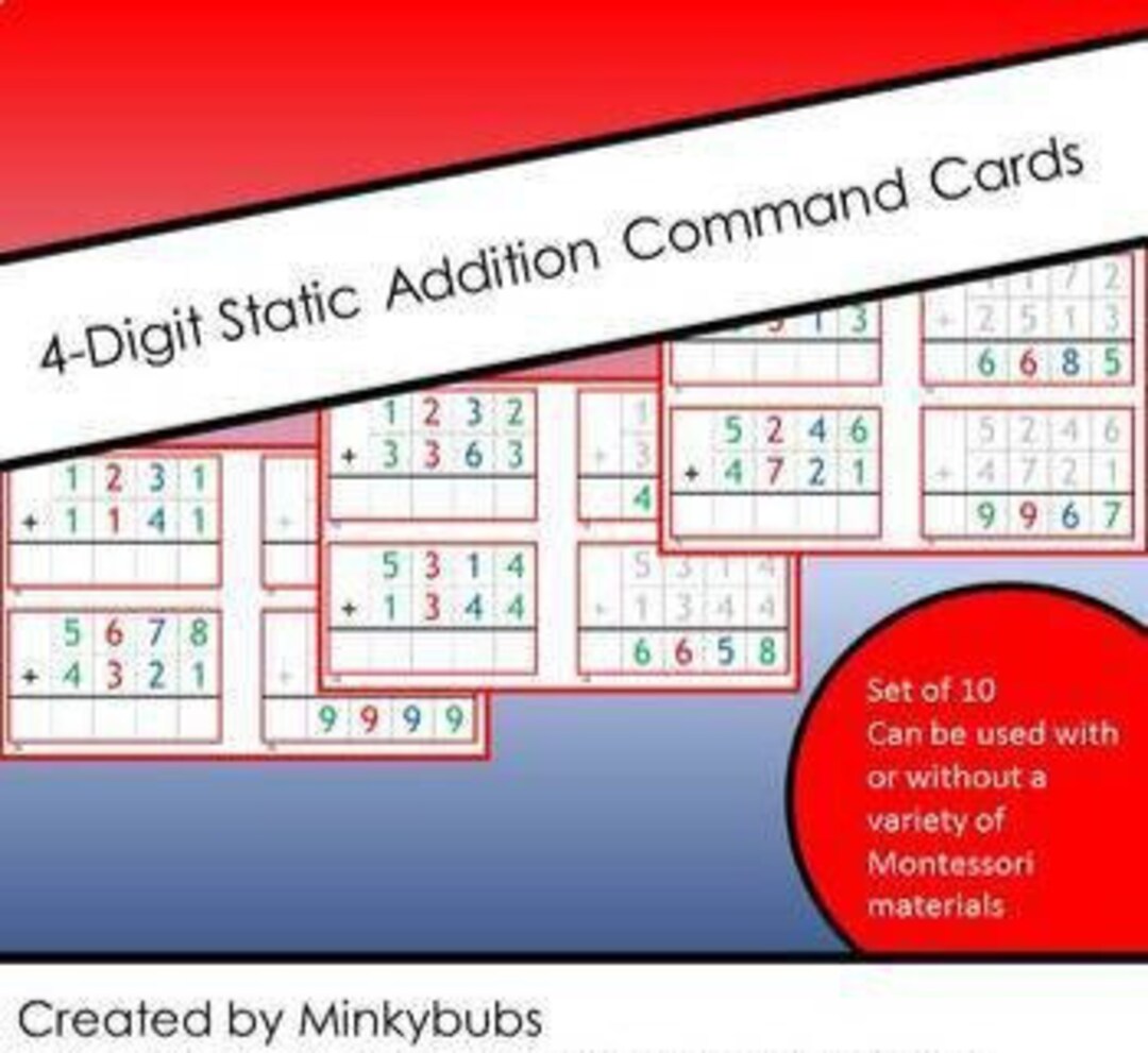 Montessori Addition Math Static 4 Digit 10 Command Cards With Control ...