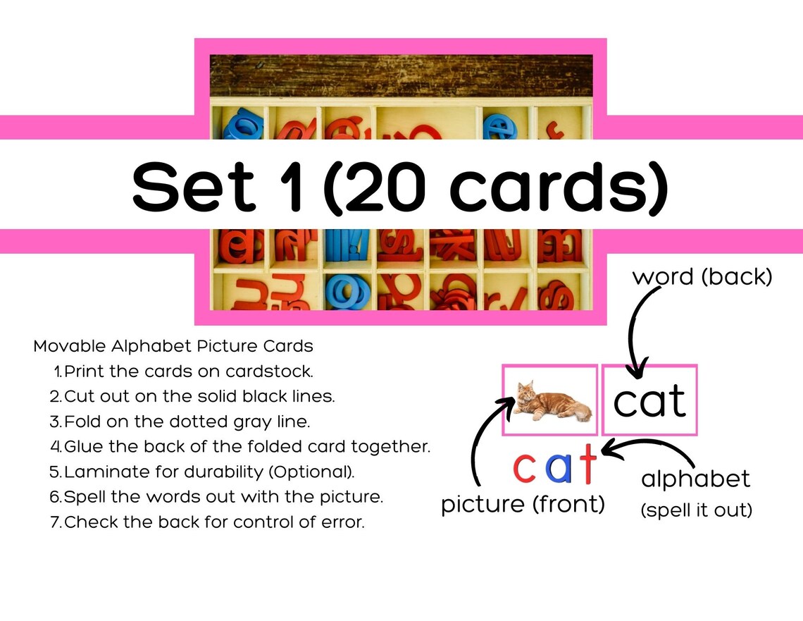 20 Movable Alphabet Pink Language Picture Cards Activity CVC Words Set ...