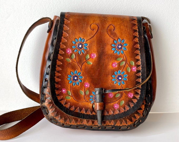70s Tooled Leather Purse, Floral Boho Shoulder Bag, Aztec Calendar Bag ...