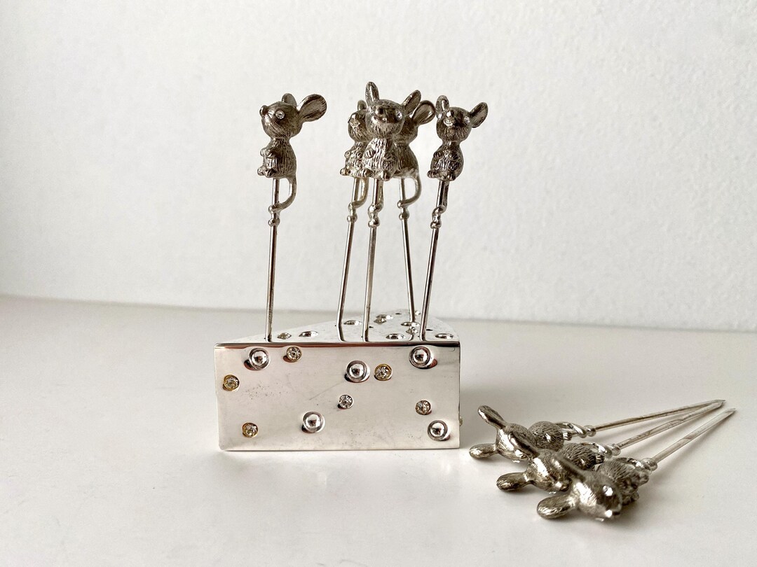 Vintage Mice Cheese Picks With Holder, Silver Plated With Crystal ...
