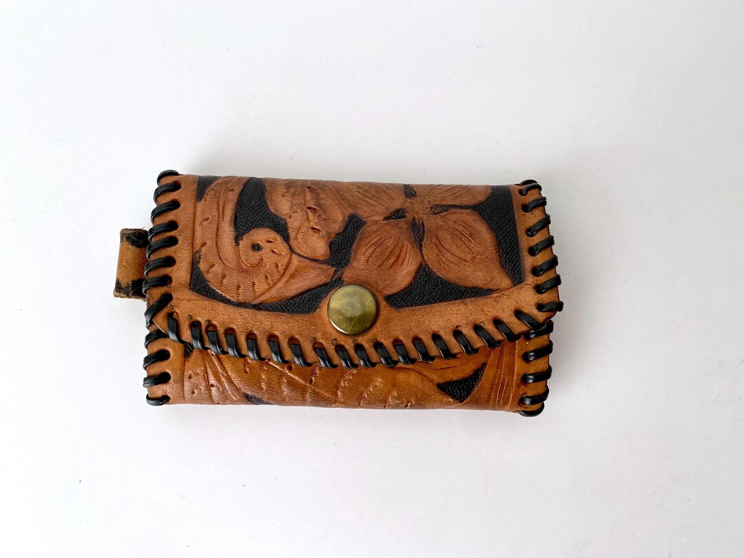 1970s Leather Key Ring Holder, Tooled Leather Keychain, Floral Keychain ...