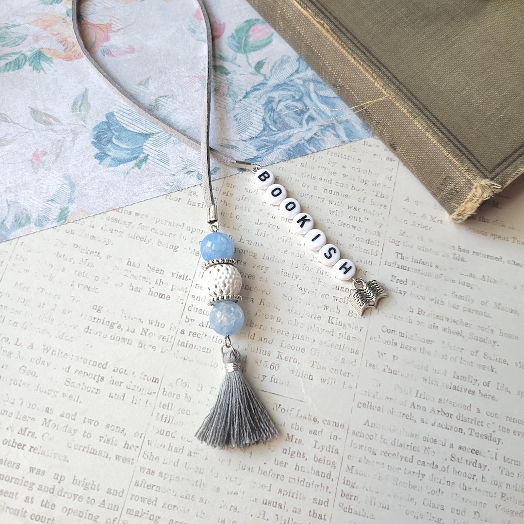 Gray Suede Bookish Bookmark – Blue Agate and Silver Beaded Tassel ...