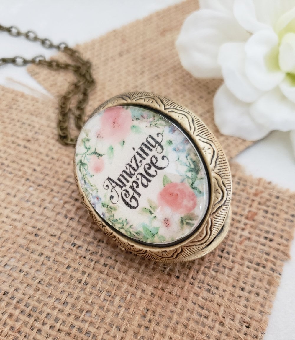 Amazing Grace Oval Locket Necklace Christian Hymn Large | Etsy