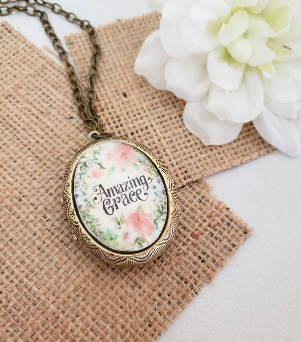 Amazing Grace Oval Locket Necklace Christian Hymn Large | Etsy