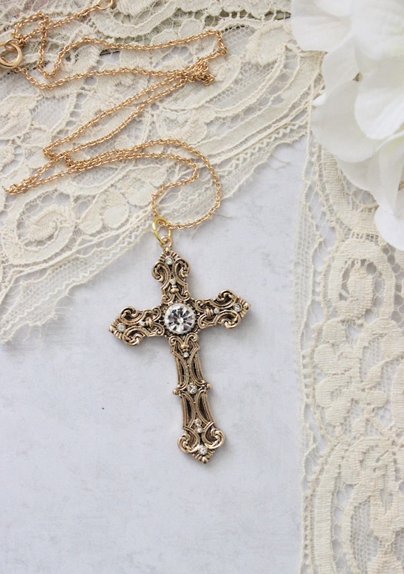 Gold Baroque Cross Pendant Necklace With Clear Rhinestones - Etsy