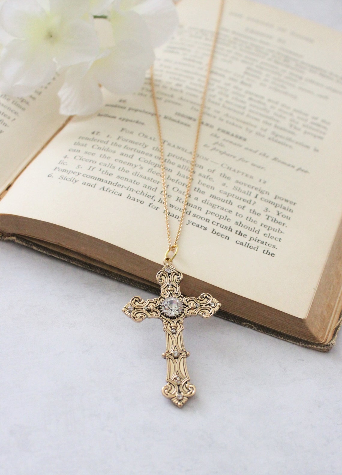 Gold Baroque Cross Pendant Necklace With Clear Rhinestones - Etsy
