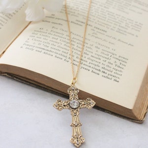 Gold Baroque Cross Pendant Necklace With Clear Rhinestones - Etsy