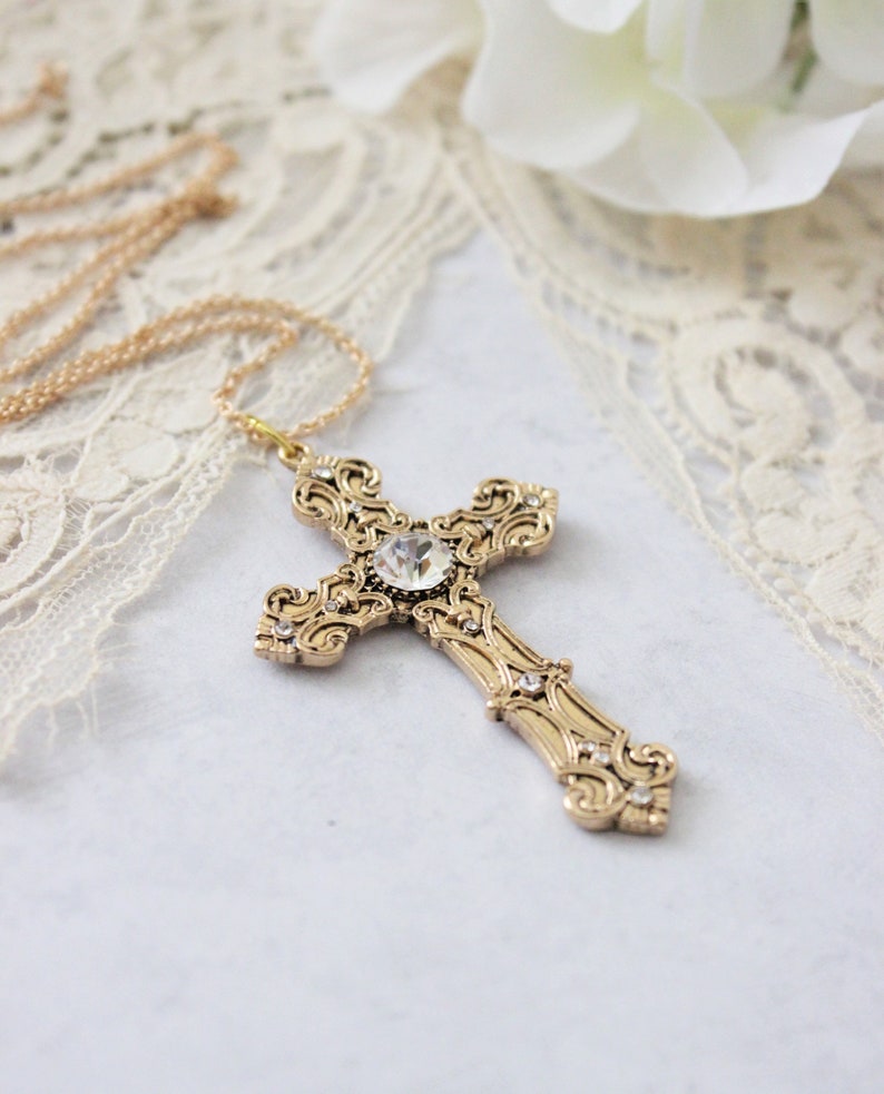 Gold Baroque Cross Pendant Necklace With Clear Rhinestones - Etsy