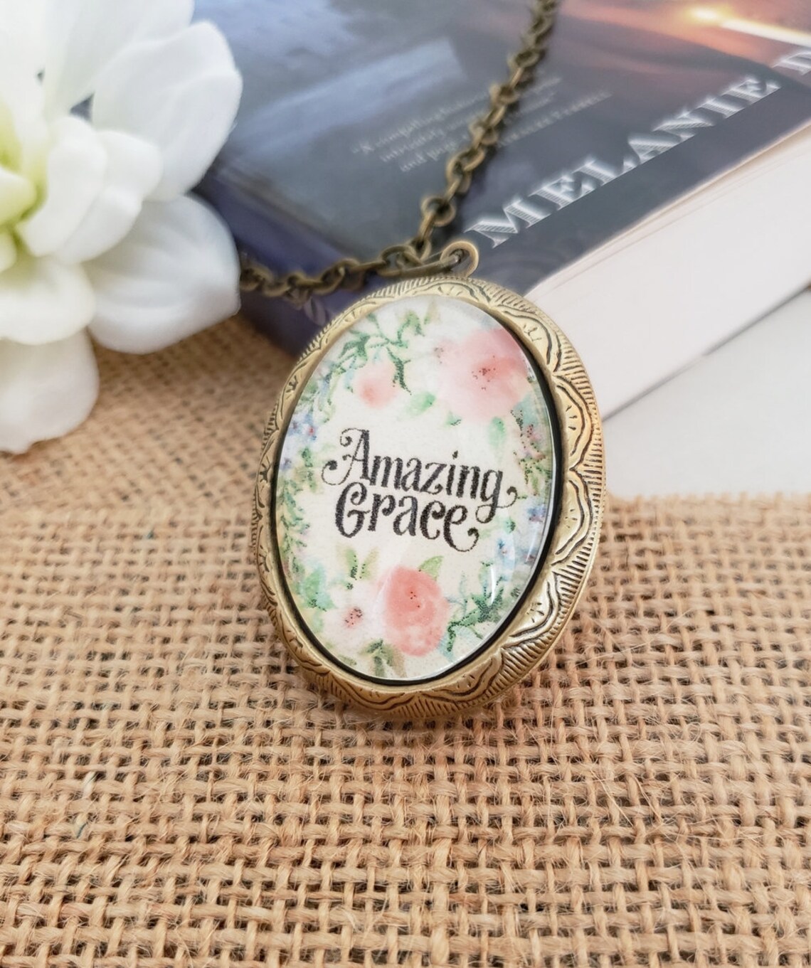 Amazing Grace Oval Locket Necklace Christian Hymn Large | Etsy