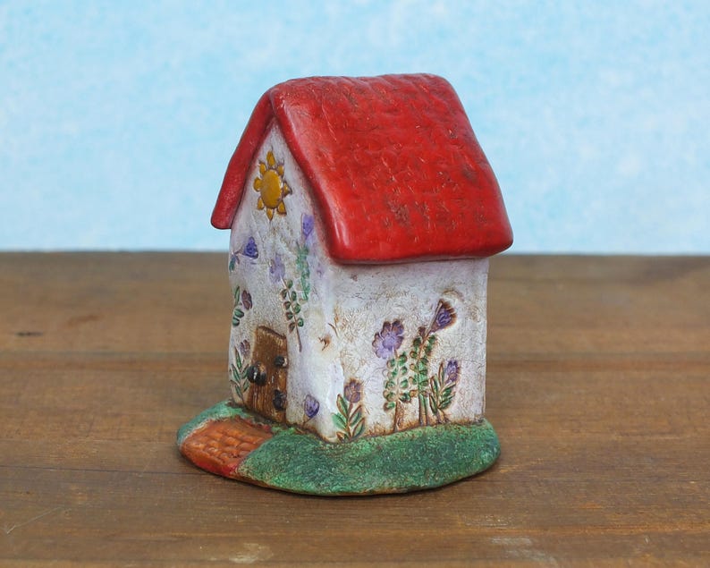 Miniature Clay Cottage Red and White With Flowers and Sun Whimsical ...