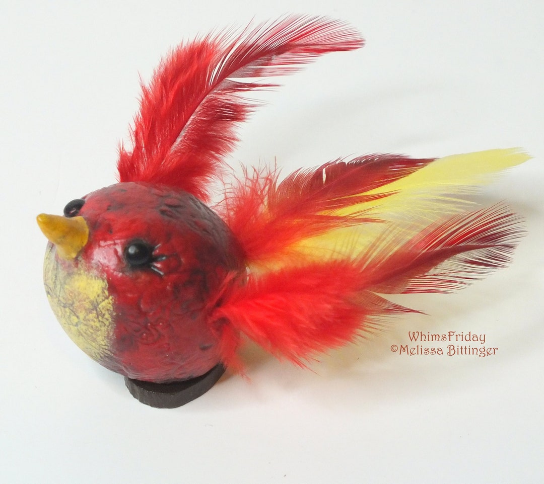 Whimsical Red Yellow Bird Sculpture With Feathers- OOAK Clay Mixed ...