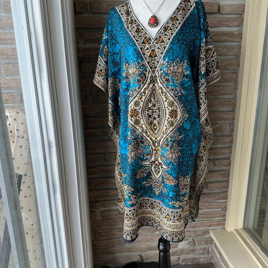 Vintage Turquoise Kaftan Silky Lounging Caftan Lightweight - Etsy