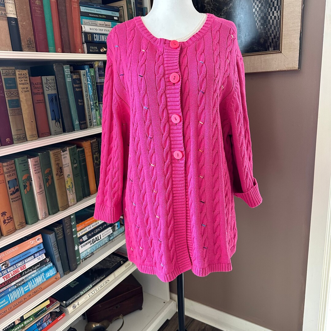 Vintage Dark Rose Colored Cardigan Sweater, Size 2X, Cable Knit With ...