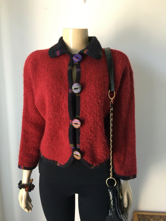 Red boucle jacket, 90s textured nubby knit ,leather b… - Gem