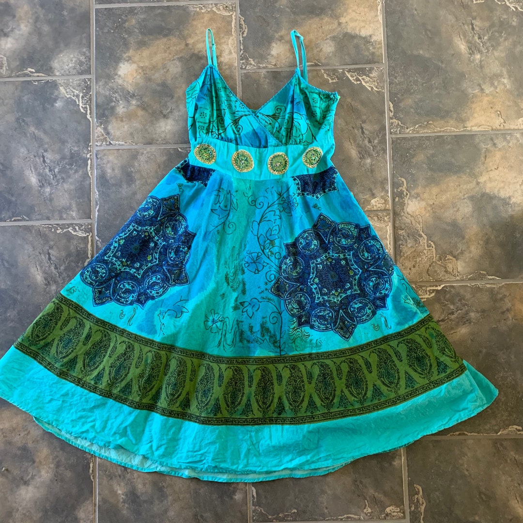 Batik Cotton Sundress: Turquoise Olive Green Paisley Mandala Print - Etsy