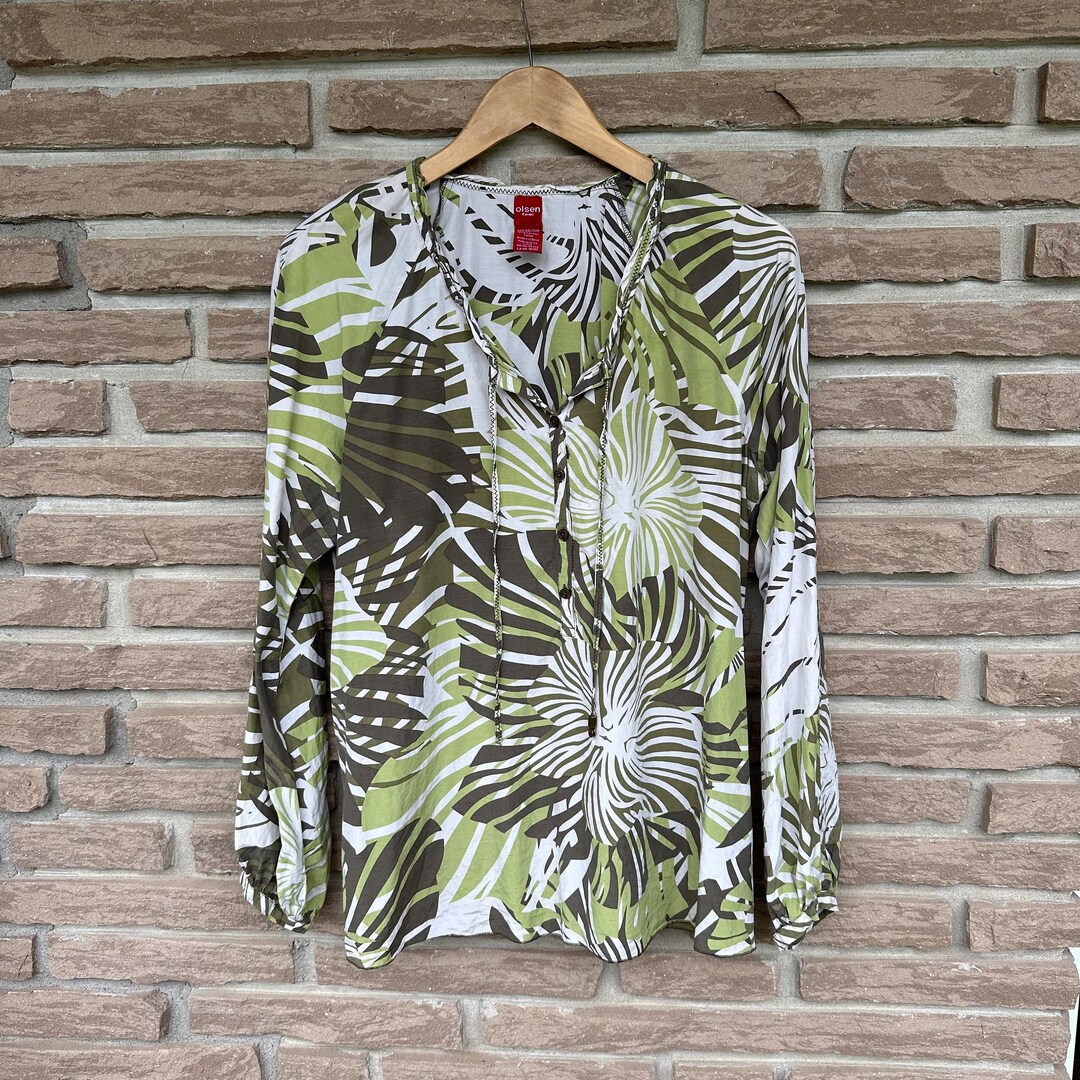 Olsen Europe Green Palm Leaf Top, Cotton & Silk Abstract Floral Blouse ...