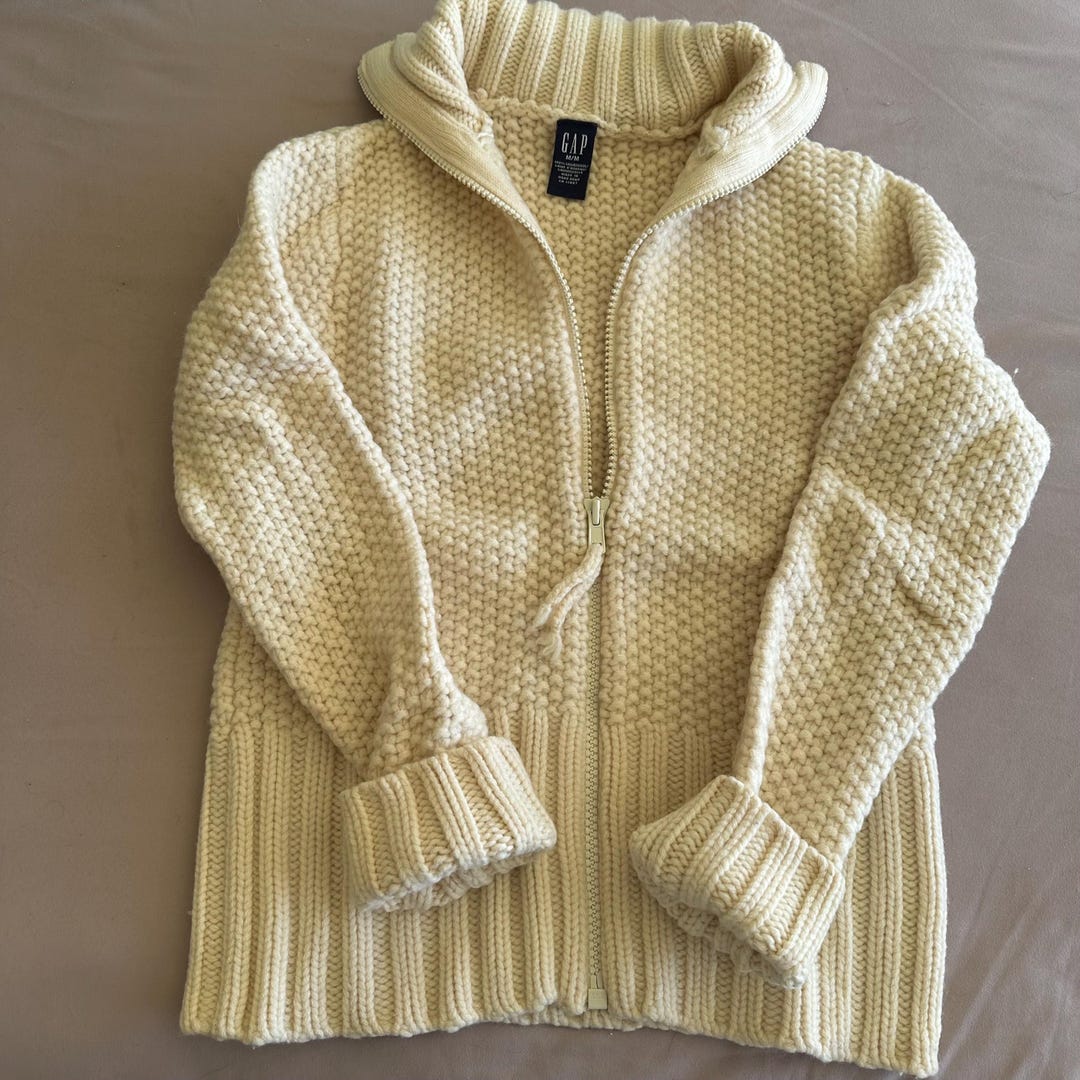 Vintage Cream Colored Cardigan, Chunky Knit Pure Lambswool, Zipper ...