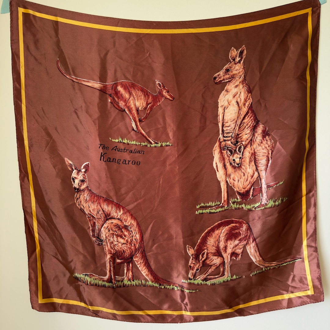 Vintage 70s Satin Scarf: Australian Kangaroo Print, Copper 26" Square ...