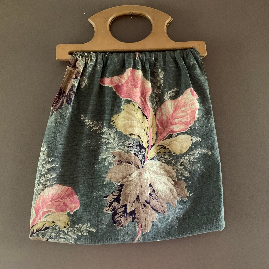 Vintage Barkcloth Purse 50's Wooden Handle Knitting Bag - Etsy