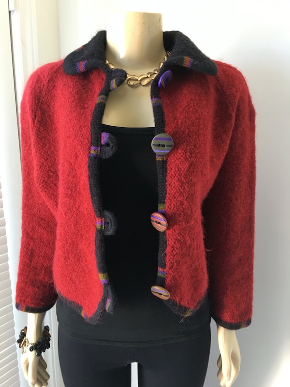 Red boucle jacket, 90s textured nubby knit ,leather b… - Gem
