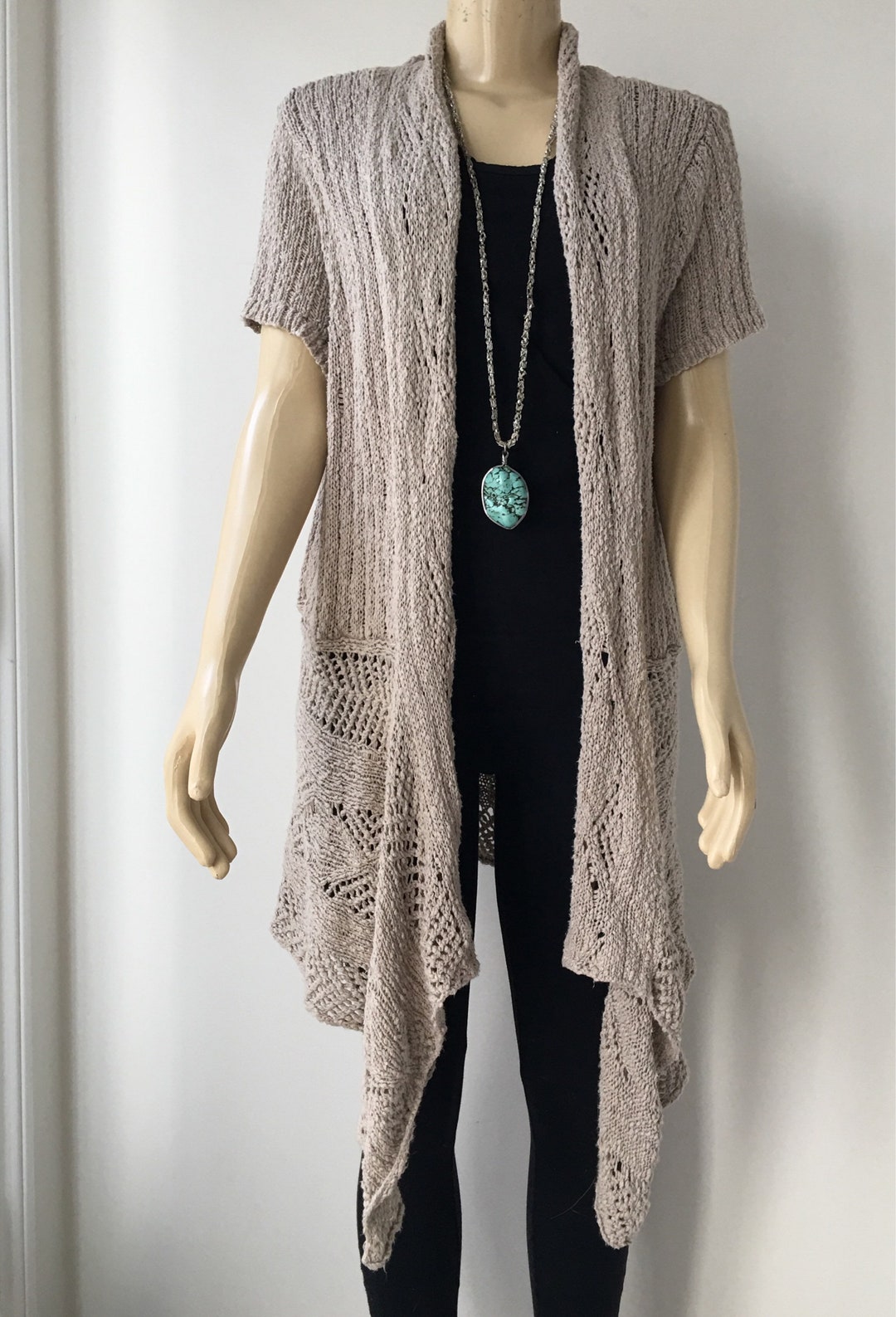 Crochet Knit Cardigan Duster Sweater, Open Front, Taupe Color Cotton ...