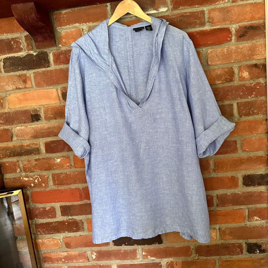 Light Blue Linen Tunic Dress, 3X Hooded Top, Long Loose Fitting Linen ...
