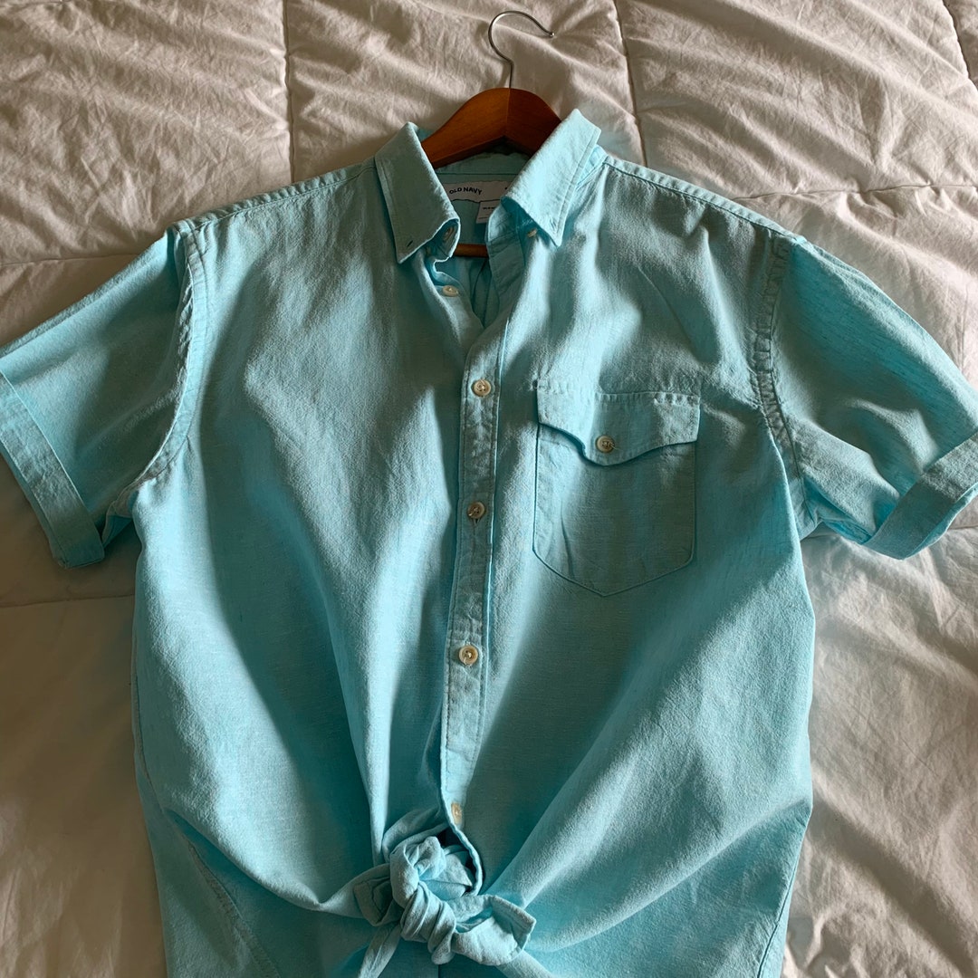 Classic Linen Shirt in Light Turquoise, Collared , Short Sleeve, Button ...