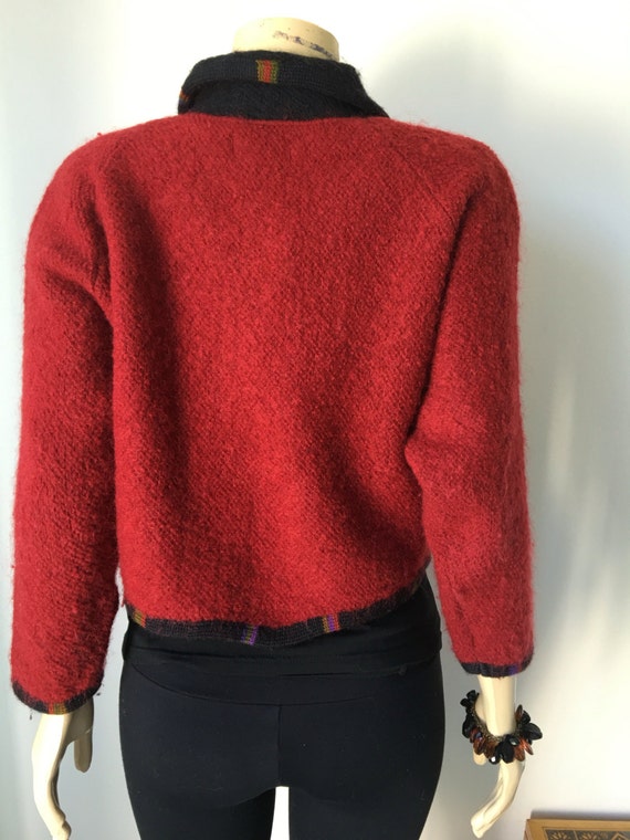 Red boucle jacket, 90s textured nubby knit ,leather b… - Gem