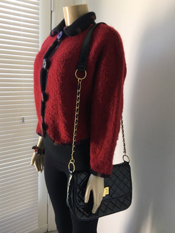 Red boucle jacket, 90s textured nubby knit ,leather b… - Gem