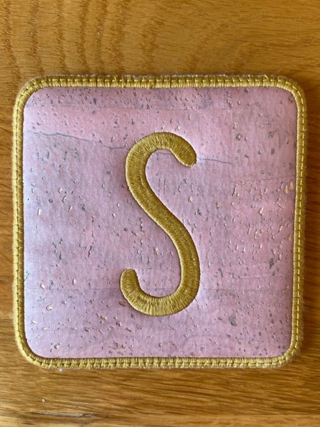 Handmade Pink Cork Fabric Coaster Letter S Gold Matt Satin Stitched ...