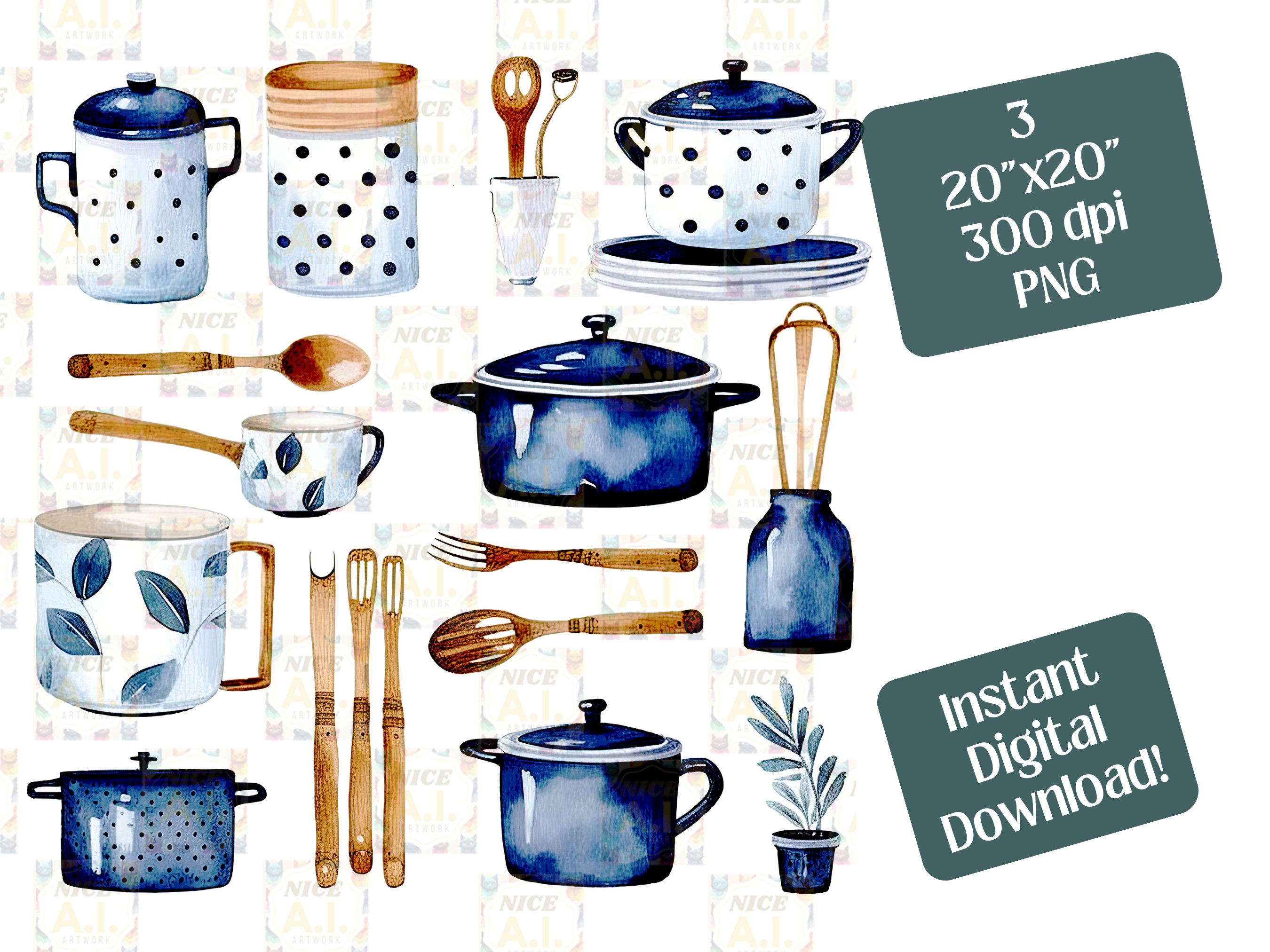 Watercolor Blue Kitchen Clipart - Digital Download Clipart Bundle for ...