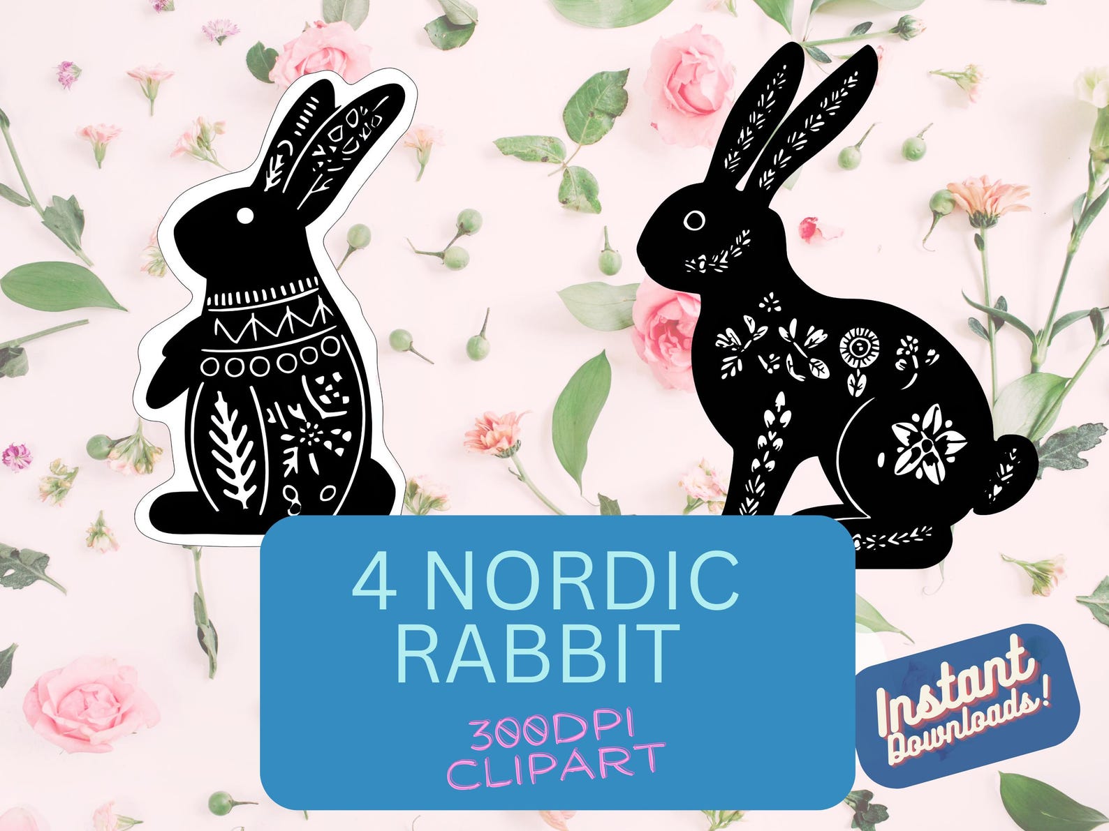 Nordic Rabbit Clipart: Scandinavian Folk Art Bunny Designs (digital ...