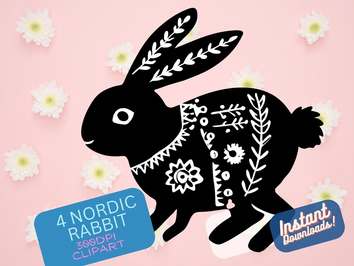 Nordic Rabbit Clipart: Scandinavian Folk Art Bunny Designs (digital ...