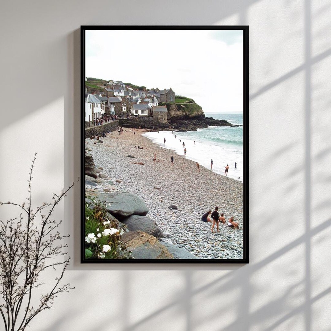 Printable Beach Scene Coastal Art - Vintage Seaside Village, Ocean ...