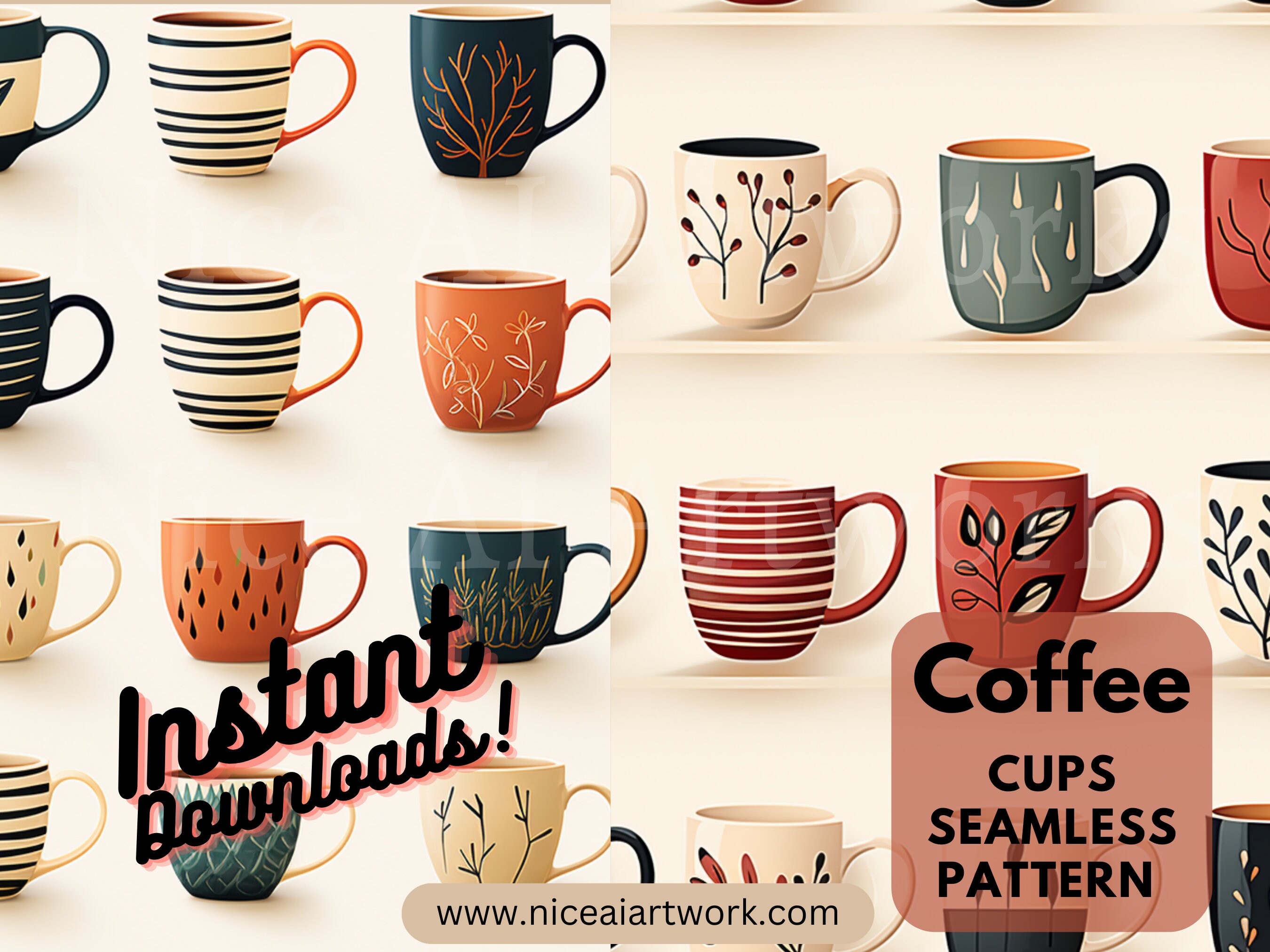 Coffee Cup Seamless Pattern Pack, Cute and Colorful Coffee Background ...