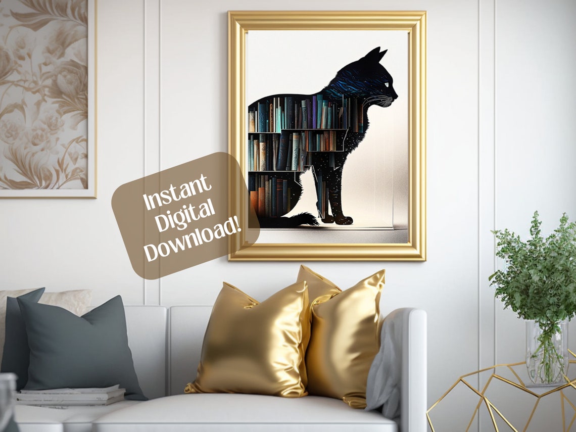 Cat With Books Wall Art, Funny Cat Artwork, Funny Animal Art Print, Cat ...
