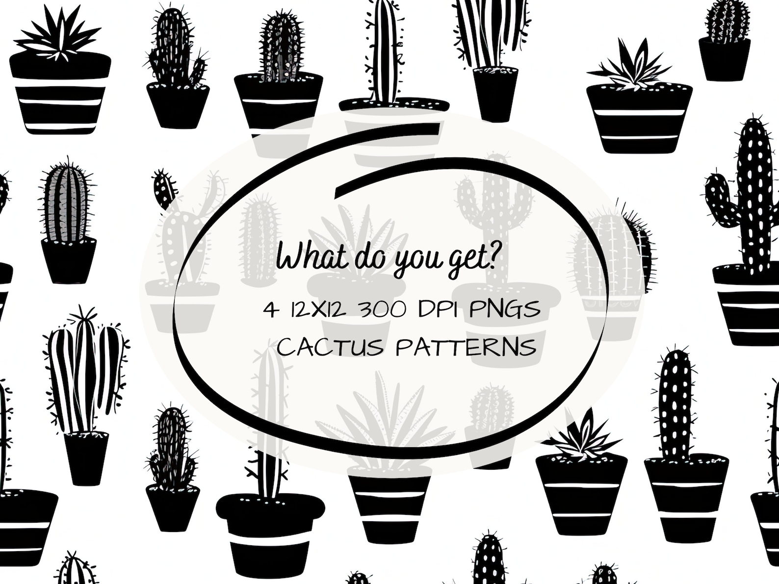 Cactus Seamless Pattern Pack, Black and White Cactus Background ...